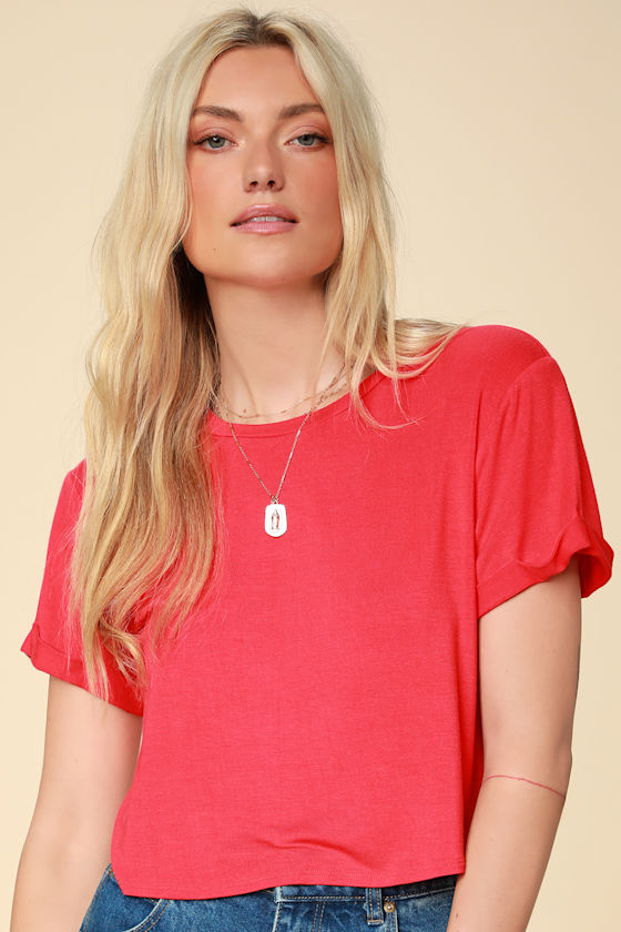 Cute Coral Red Crop Top - Cropped Tee - Basic Tee - Red Tee - Lulus