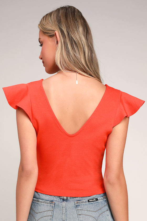 Cute Red Orange Crop Top - Ruffled Crop Top - V-Neck Crop Top - Lulus