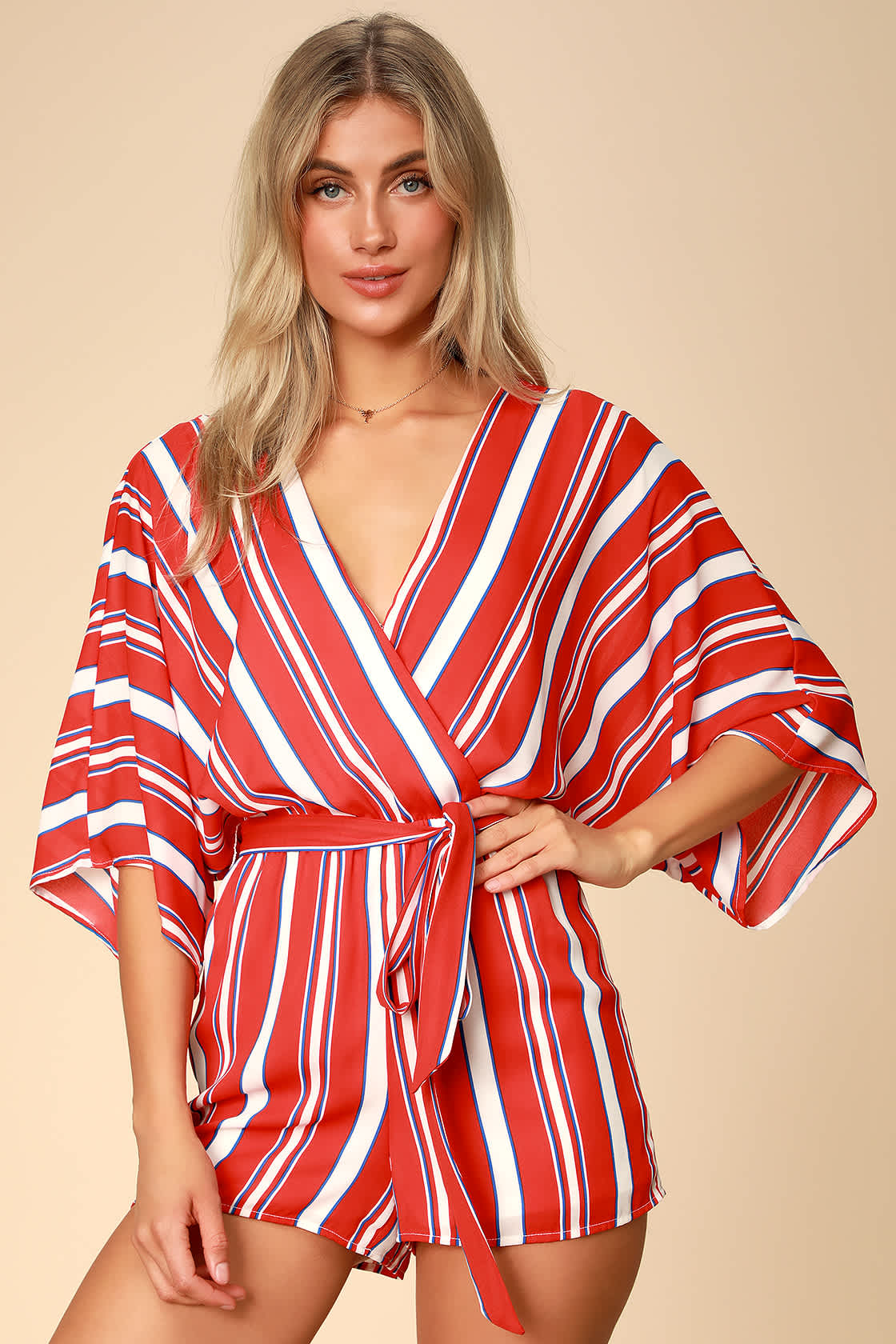 Cute Red Multi Striped Romper - Kimono Sleeve Romper - Romper - Lulus