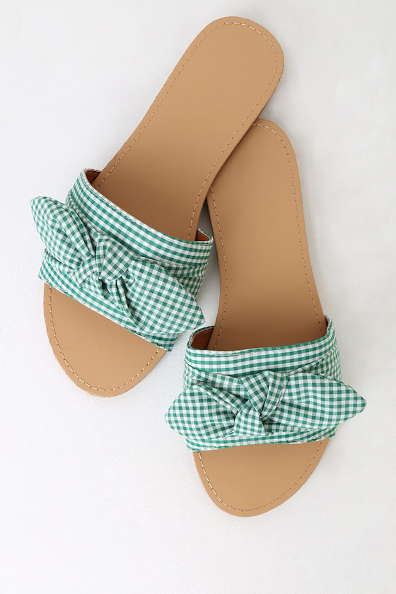 Cute Green Slides - Gingham Slides - Gingham Sandals - Lulus