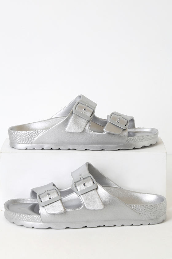 Cute Silver Sandals - Slide Sandals - Buckled Sandals - Sandals - Lulus