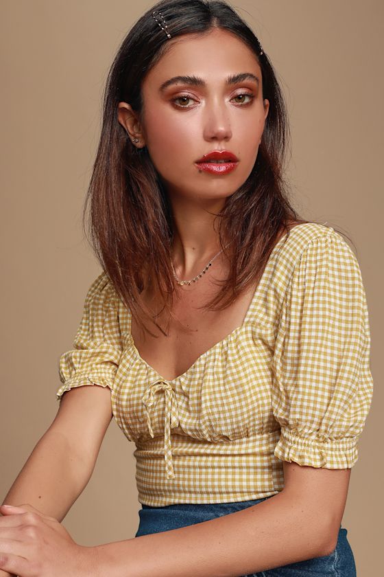 Cute Mustard Yellow Gingham Top - Crop Top - Puff Sleeve Top - Lulus