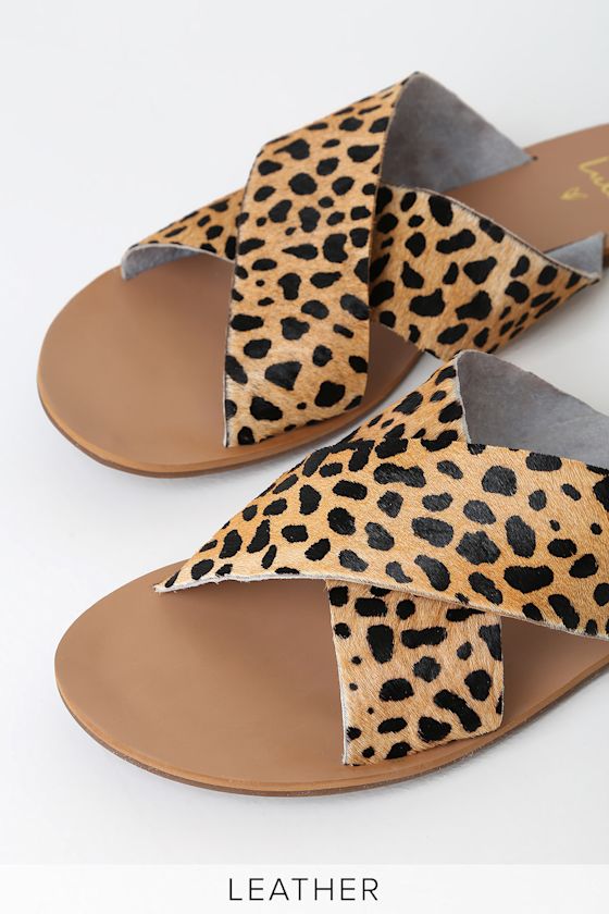 Cute Leopard Print Calf Hair Slides - Leather Sandals - Sandals
