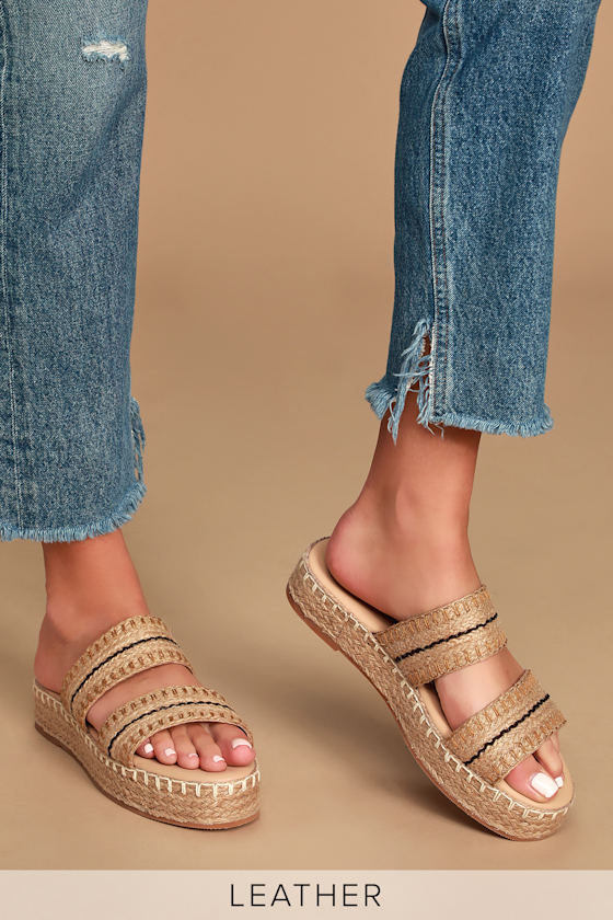 Lulus Jute Sandals - Peep-Toe Slide Sandals - Flatform Slides