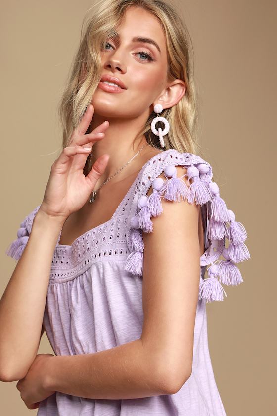 Lavender Top Eyelet Lace Top Tasseled Top Sleeveless Top Lulus