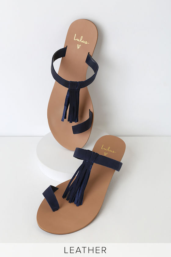 Cute Blue Leather Sandals - Tassel Sandals - Navy Flat Sandals - Lulus