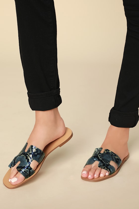 Cute Blue Snake Print Sandals - Vinyl Sandals - Peep-Toe Slides - Lulus
