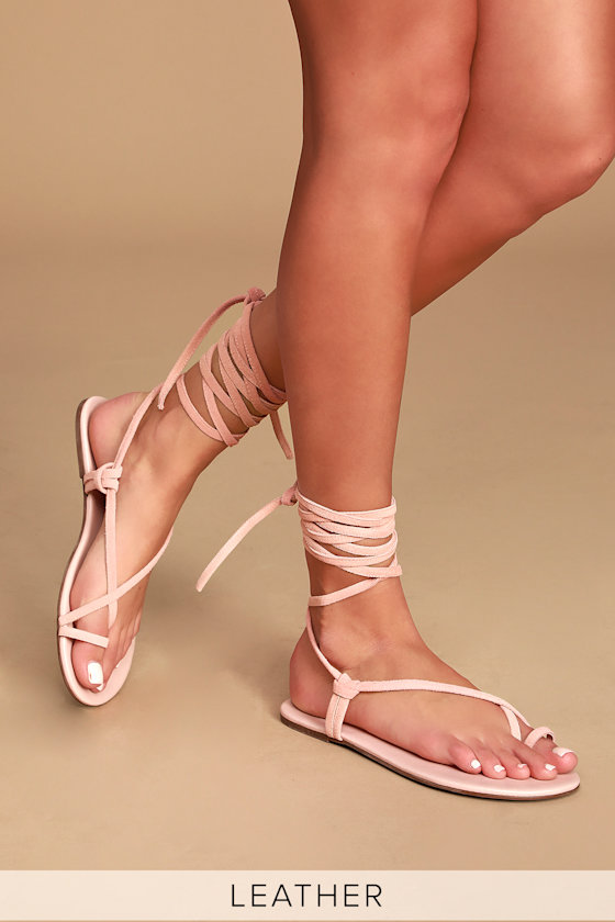 Lulus Taylen - Blush Suede Leahter Sandals - Lace-Up Flat Sandals