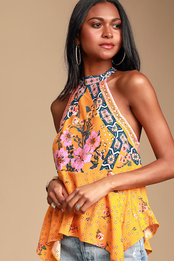 Free People New Wave - Golden Yellow Print Top - Halter Top - Lulus