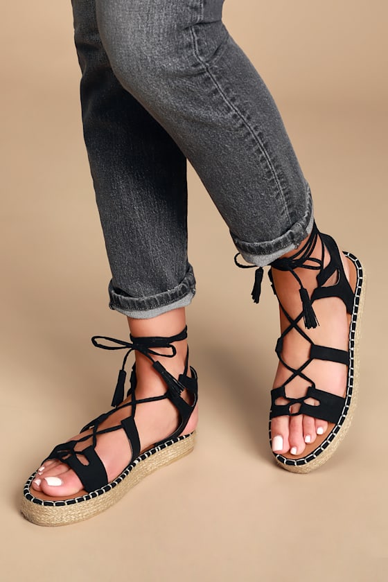 Cute Black Lace-Up Sandals - Espadrille Sandals - Suede Sandals - Lulus