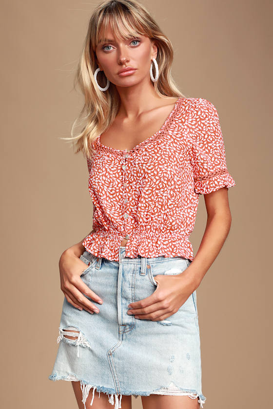 Cute Red Orange Top - Orange Crop Top - Button-Up Crop Top - Lulus