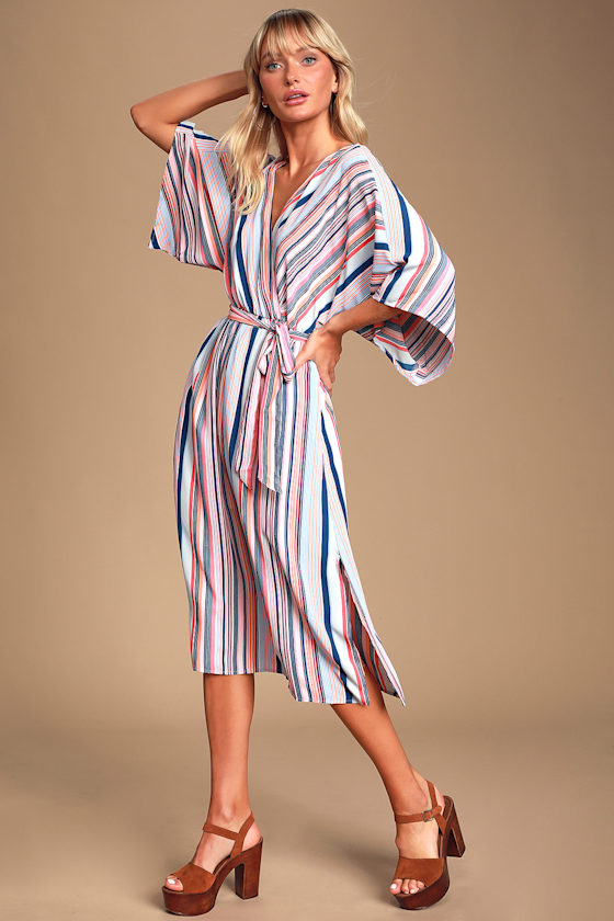 Cute Blue Multi Dress - Striped Dress - Surplice Midi Dress - Lulus