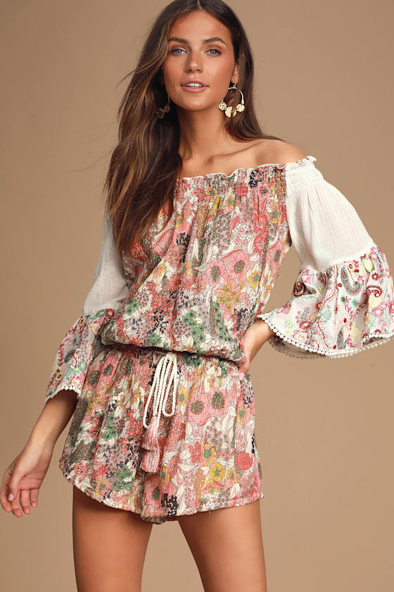 Raga Morrison Romper White Multi Floral Print Romper Romper Lulus