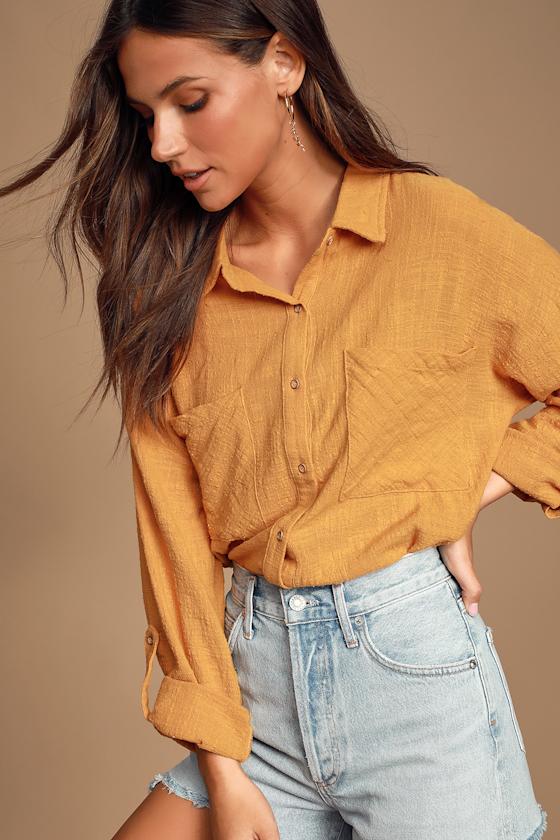 Cute Mustard Yellow Top - Button-Up Top - Long Sleeve Shirt - Top - Lulus