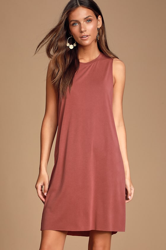 Cute Rust Red Shift Dress - Sleeveless Dress - Jersey Knit Dress - Lulus