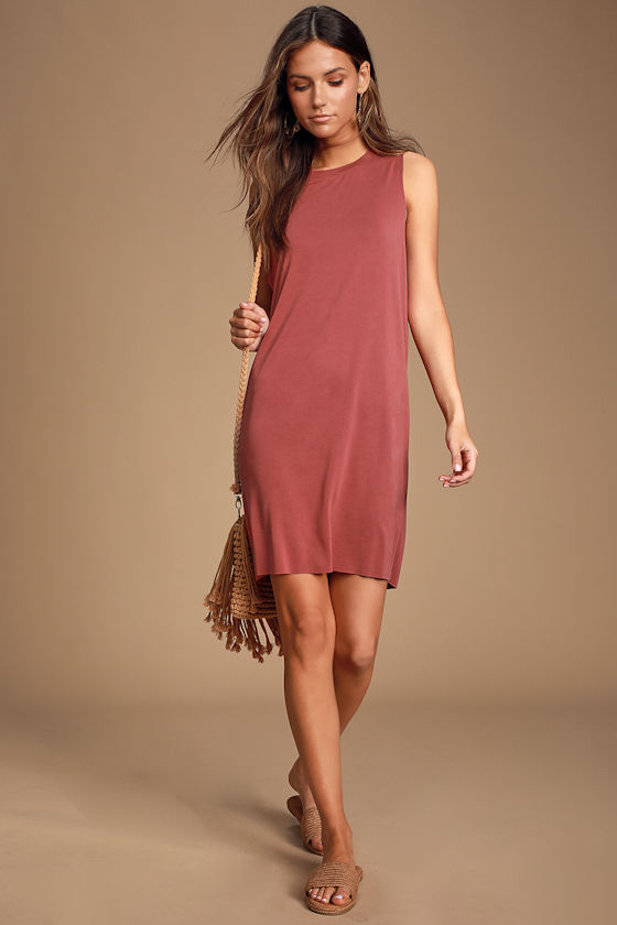 Cute Rust Red Shift Dress - Sleeveless Dress - Jersey Knit Dress - Lulus
