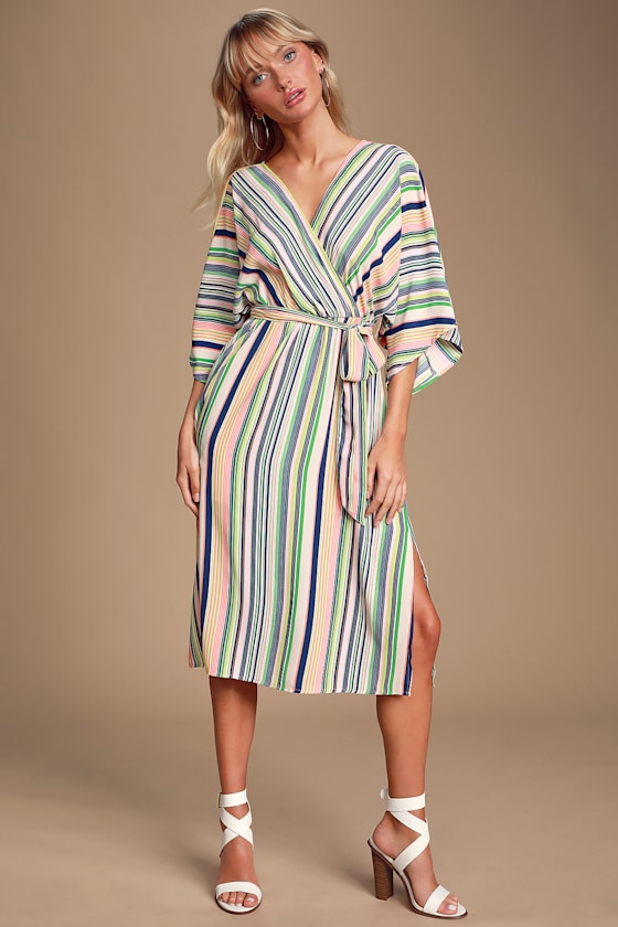 Cute Blush Multi Dress - Striped Dress - Surplice Midi Dress - Lulus