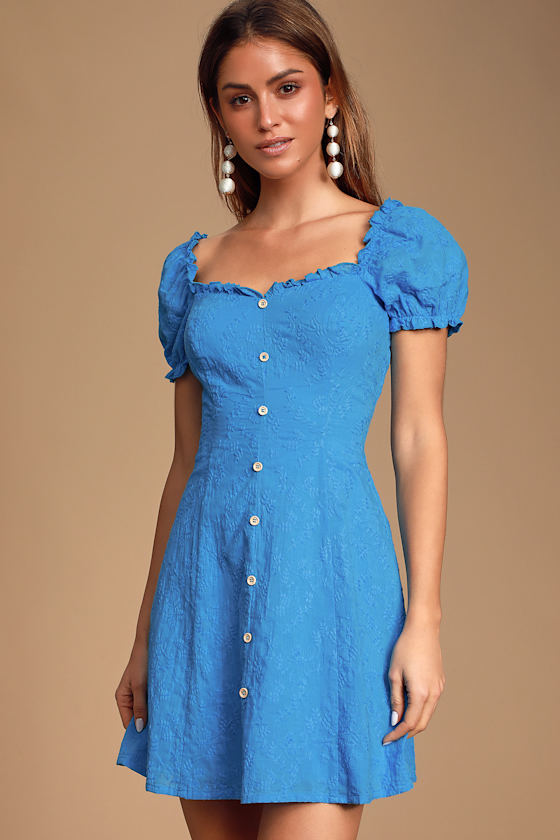 Pretty Puff Sleeve Dress - Blue Skater Dress - Mini Dress - Dress - Lulus