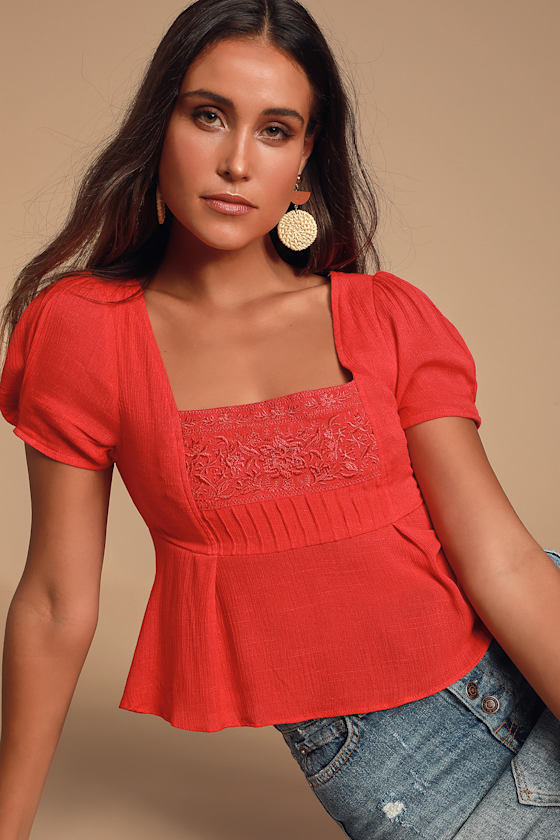 Cute Red Blouse - Embroidered Shirt - Square Neck Blouse - Top - Lulus