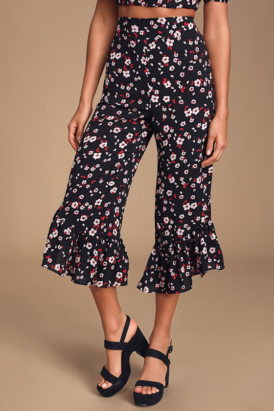 Cute Black Floral Print Pants - Wide Leg Pants - Culottes - Lulus