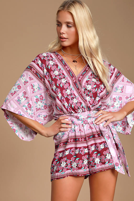Cute Pink Romper - Floral Print Romper - Surplice Romper - Lulus