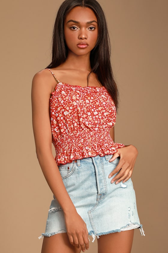 Cute Red Floral Print Top - Ruffled Top - Smocked Top - Crop Top - Lulus