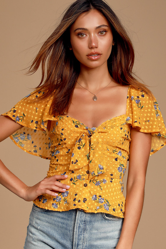Astr The Label Karla Yellow Floral Print Top Swiss Dot Top Lulus