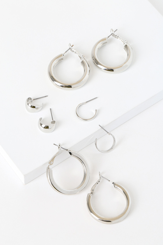 Cute Silver Hoops - Earring Set - Silver Earring Set - Lulus