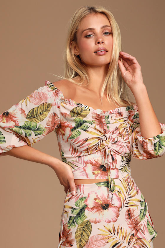 Blush Pink Floral Print Top - Off-the-Shoulder Top - Crop Top - Lulus