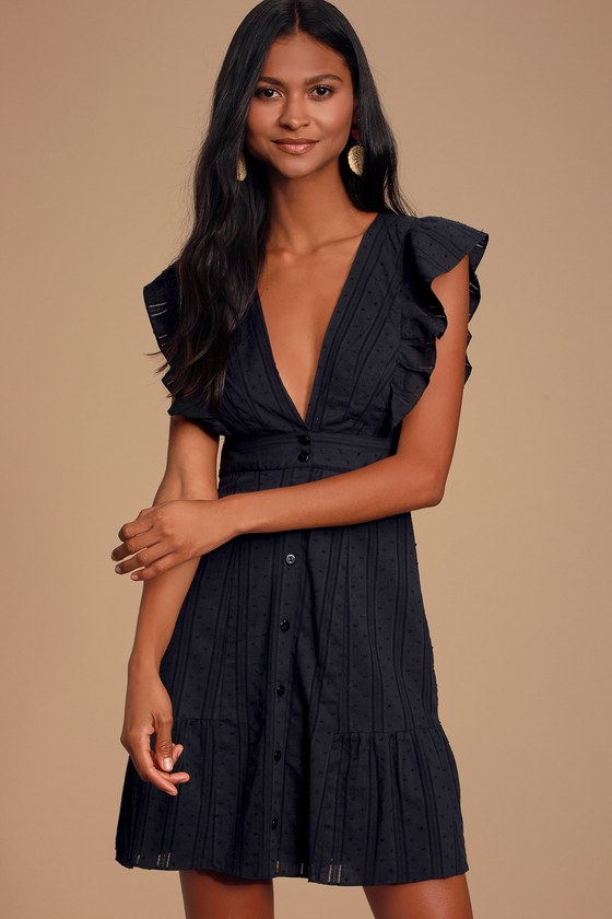Pretty Black Dress Swiss Dot Dress Button Front Mini Dress Lulus