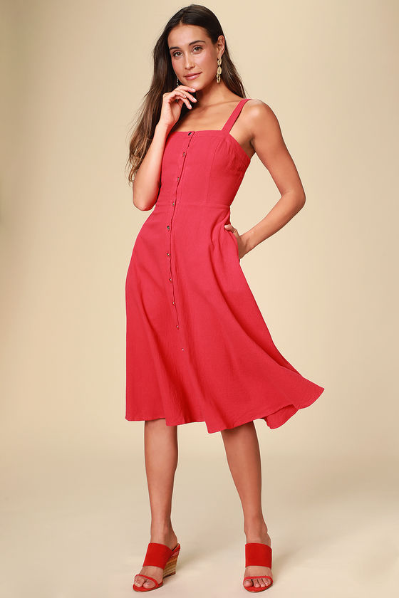 Cute Red Dress - Cotton Midi Dress - Button Front Midi Dress - Lulus