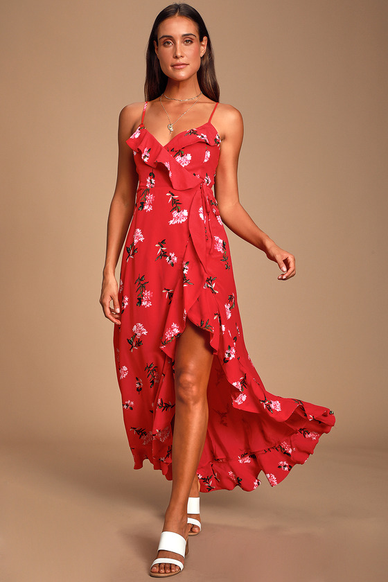 Red Floral Print Dress Wrap Dress Maxi Dress Ruffled Dress Lulus