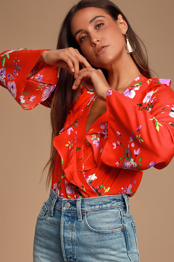 Cute Red Bodysuit Floral Print Bodysuit Ruffled Bodysuit Lulus