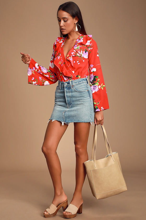 Cute Red Bodysuit - Floral Print Bodysuit - Ruffled Bodysuit - Lulus