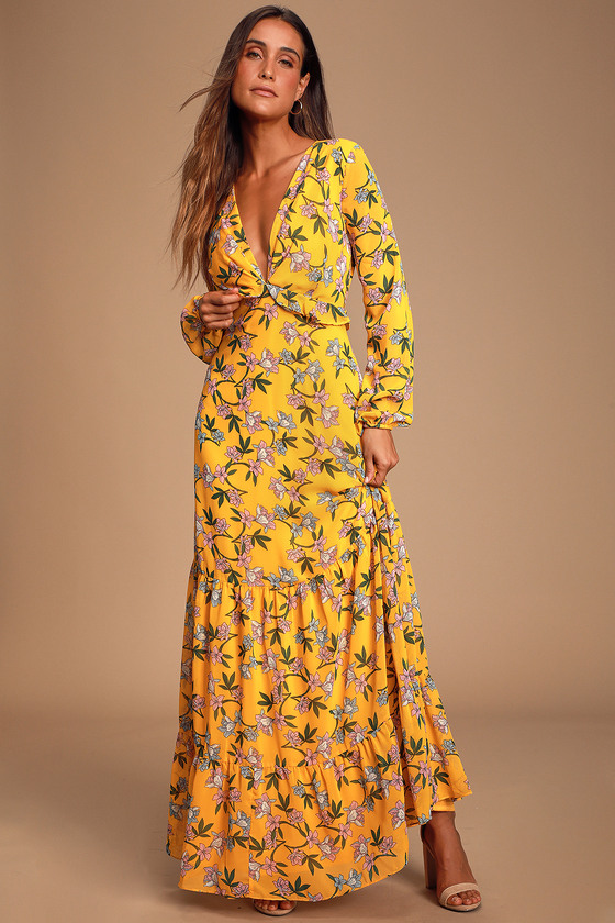 Cute Yellow Maxi Dress Floral Print Maxi Long Sleeve Maxi Lulus