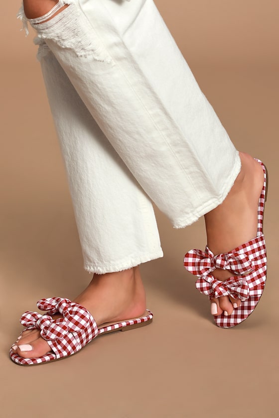 Fun Red Gingham Slides - Slide Sandals - Knotted Slide Sandals - Lulus