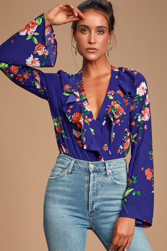 Cute Blue Bodysuit Floral Print Bodysuit Ruffled Bodysuit Lulus