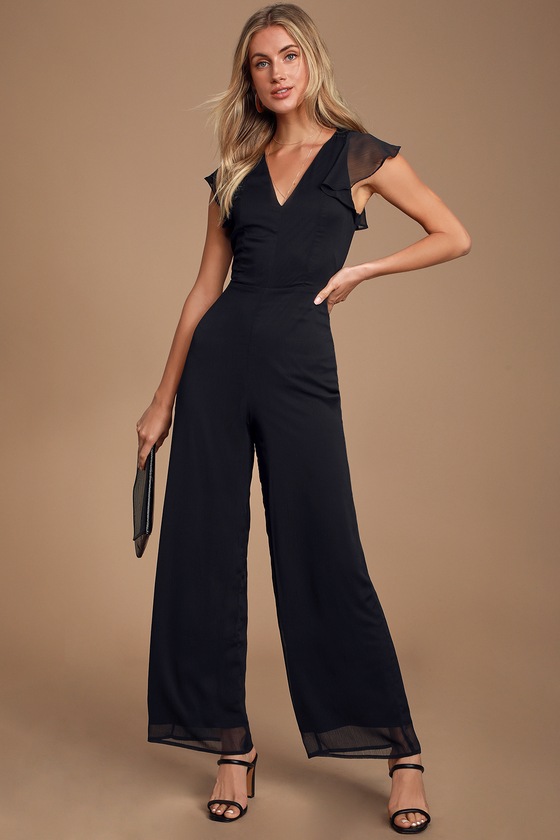 Lulus Black Jumpsuit Chiffon Jumpsuit Flutter Sleeve Jumpsuit
