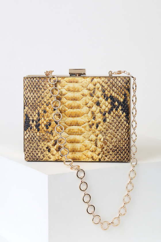 Box Clutch - Yellow Snake Print Clutch - Vegan Leather Clutch - Lulus
