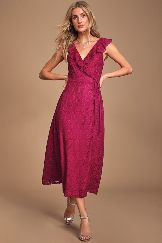Cute Magenta Dress Lace Dress Midi Wrap Dress Lulus