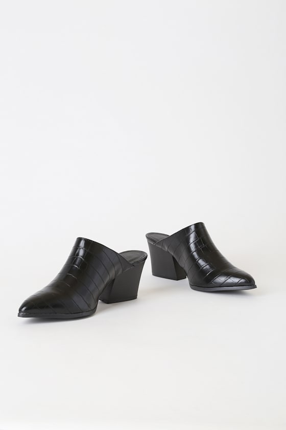 Trendy Black Shoes - Pointed-Toe Mules - Crocodile Mules - Lulus