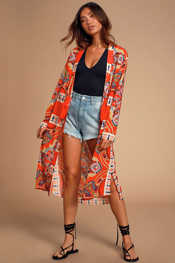 Cute Red Scarf Print Robe - Print Satin Robe - Print Duster - Lulus