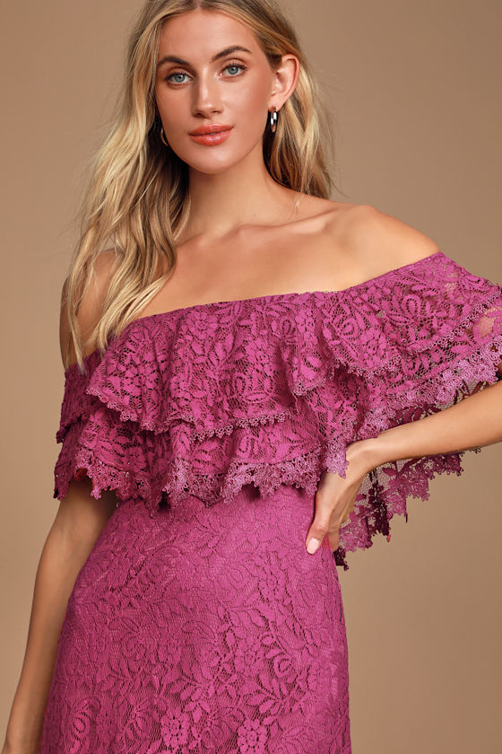 Lovely Magenta Lace Dress - Off-the-Shoulder Midi Dress - Lulus