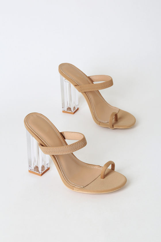 Cute Nude Heels - Lucite Block Heels - Toe-Loop Heels - Lulus