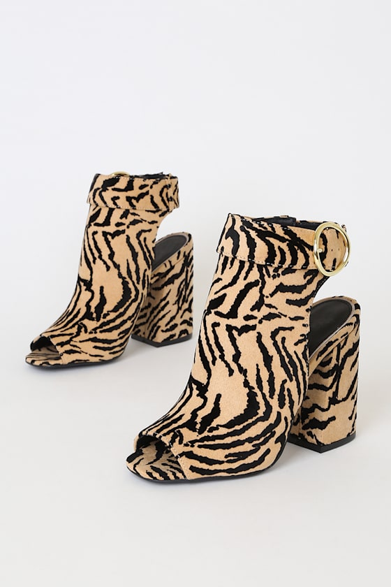 Tan and Black Tiger Booties - Peep-Toe Booties - Suede Booties - Lulus