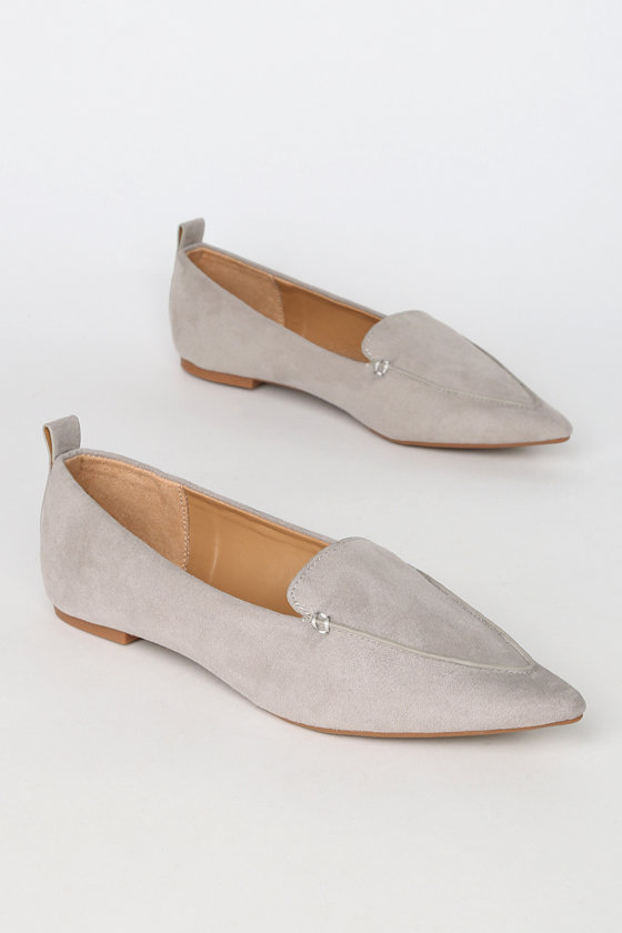 Pointed Light Grey Loafers - Loafer Flats - Vegan Suede Loafers - Lulus