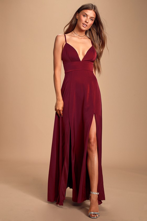 Sexy Wine Red Dress Satin Maxi Dress Side Slit Maxi Dress Lulus