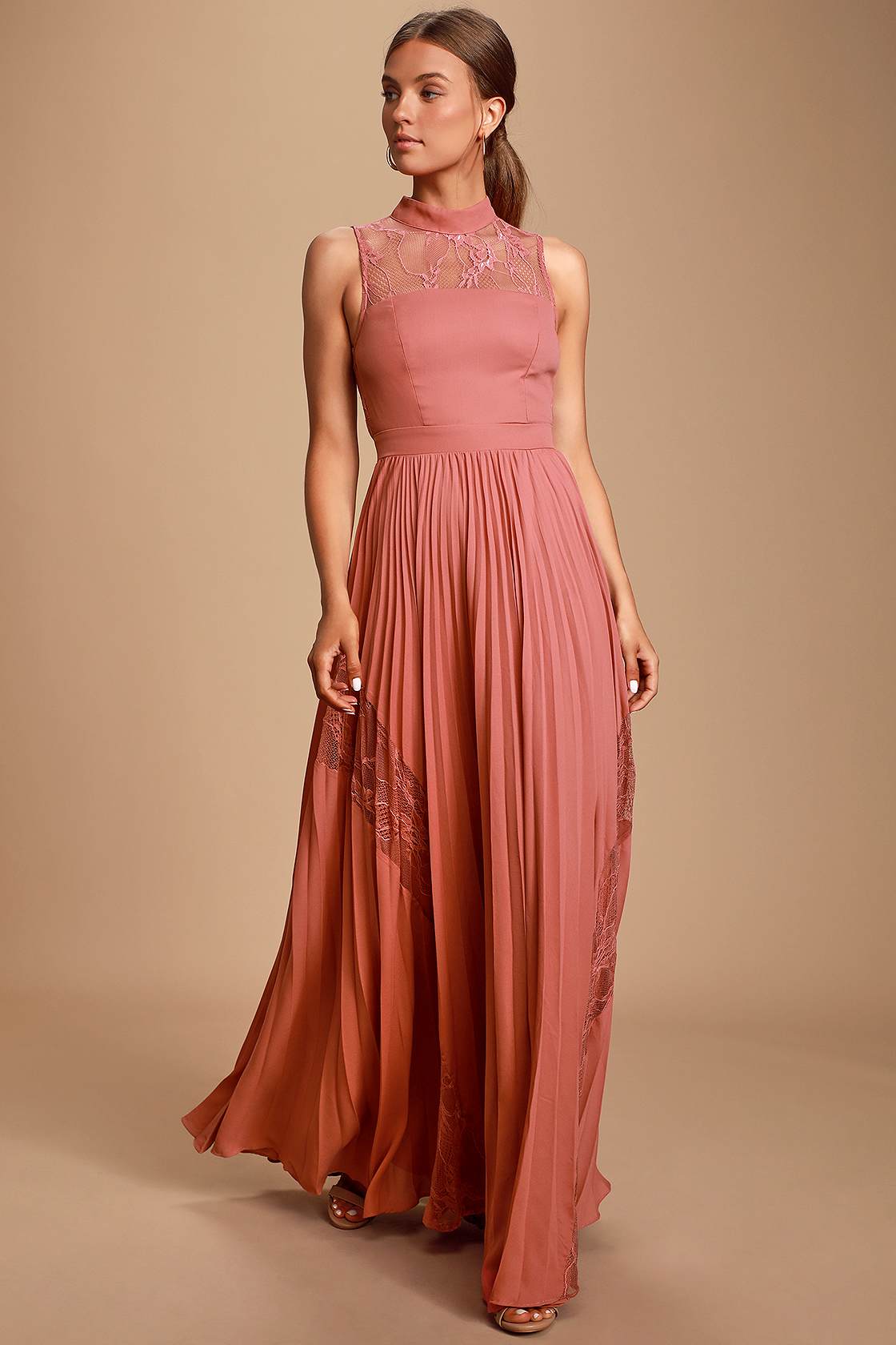 Lovely Rusty Rose Dress - Pleated Maxi Dress - Lace Maxi Dress - Lulus