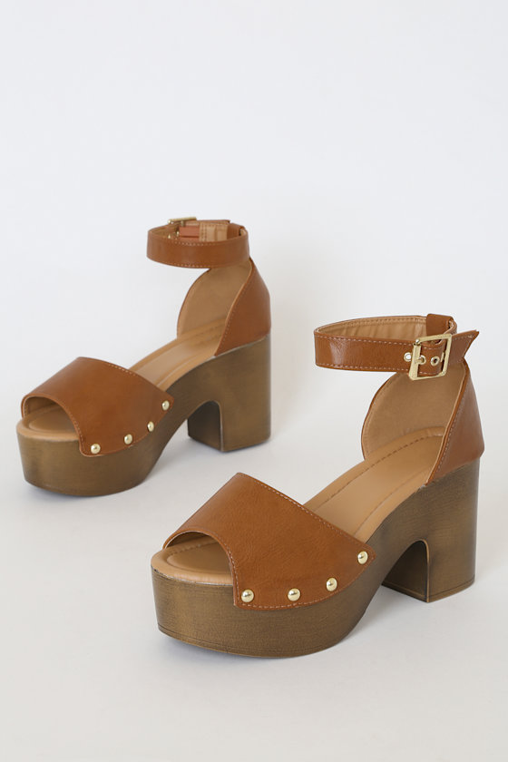 Cute Cognac Sandals - Platform Sandals - Wood Platform Sandals - Lulus