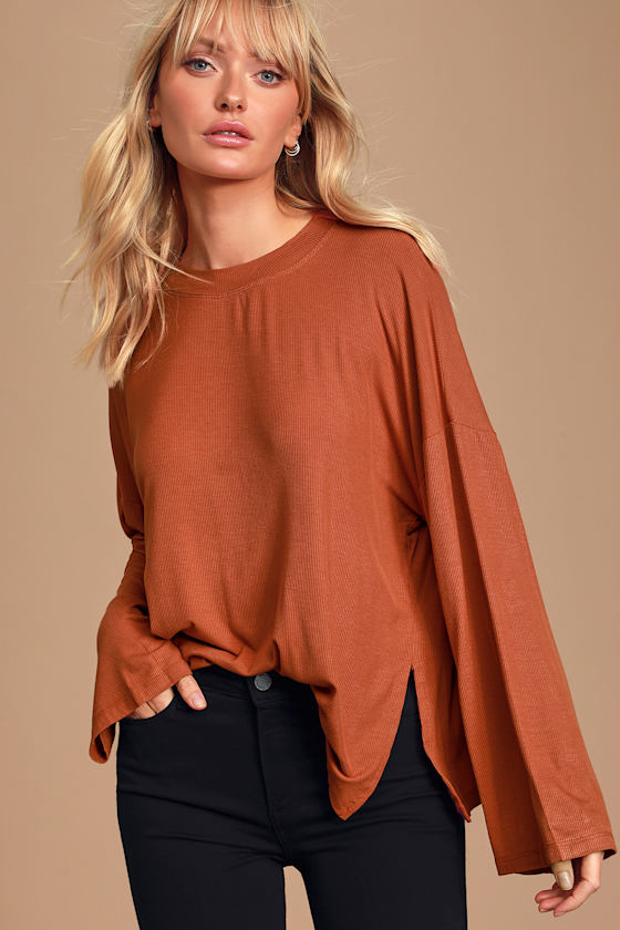 Cool Rust Orange Top - Ribbed Top - Long Sleeve Top - Basic Top - Lulus